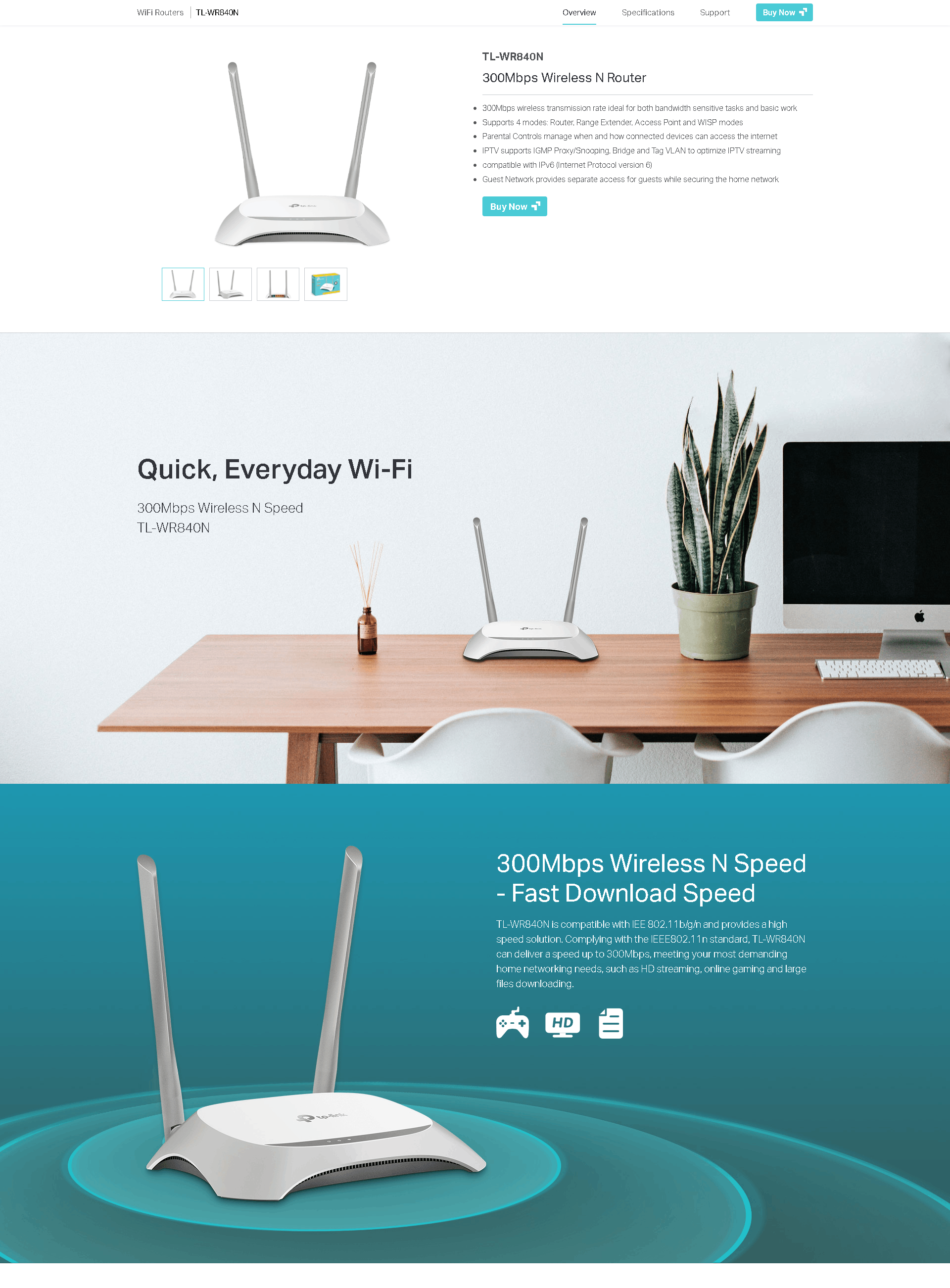TP-Link TL-WR840N N300 Wi-Fi Router, 802.11b/g/n, 2T2R, 300Mbps at 2 ...