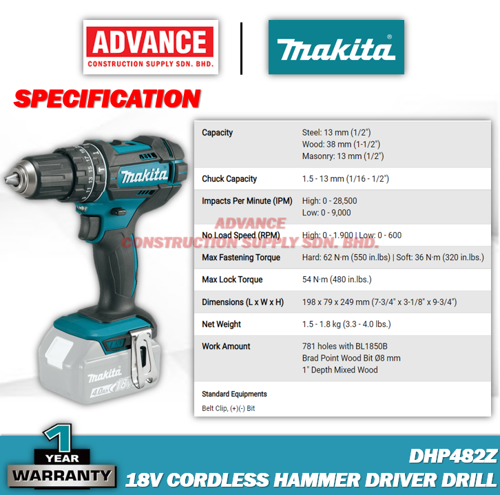 MAKITA DHP482Z / DHP482RFE 18V Cordless Hammer Drill Impact Drill 13MM ...