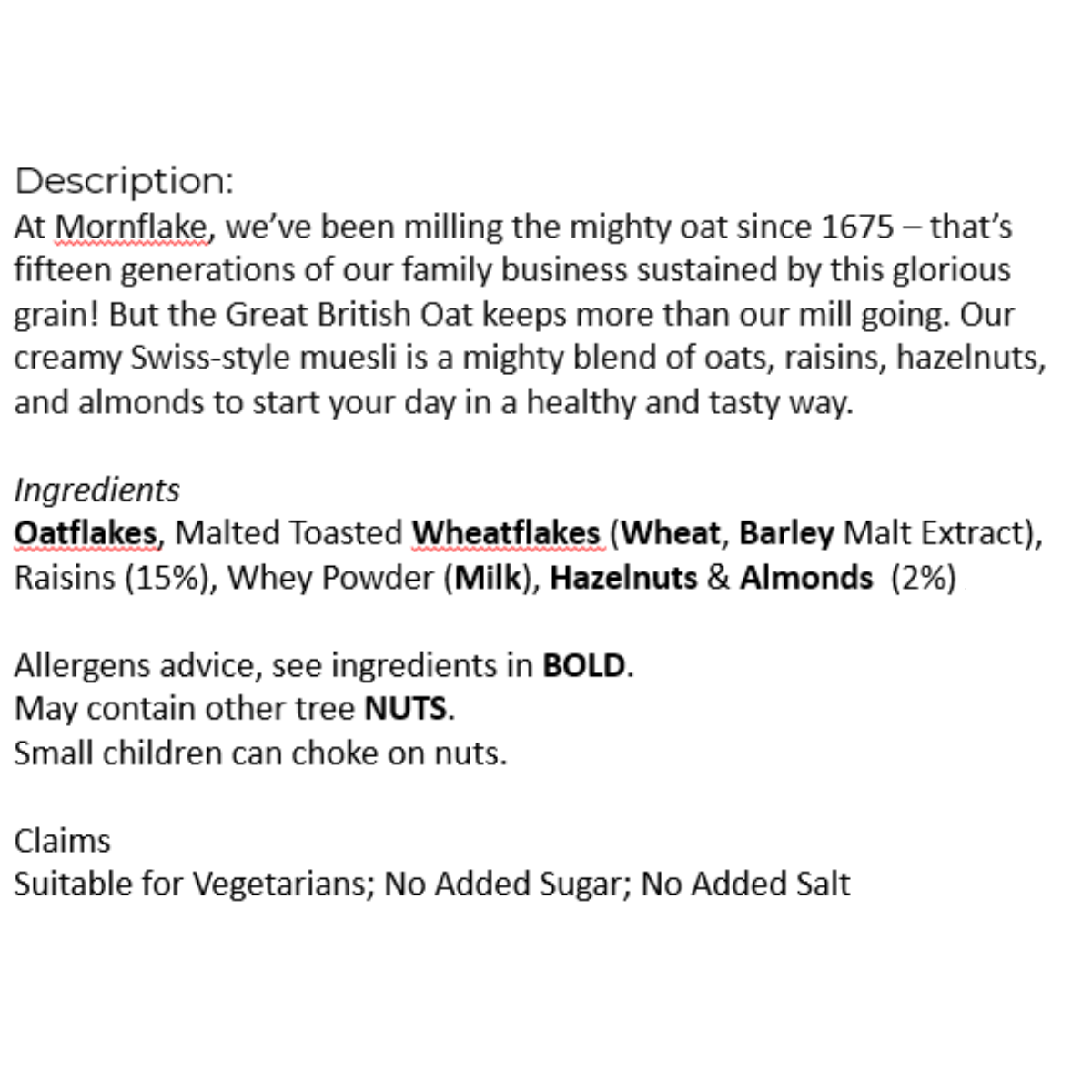 Mornflake Classic Muesli Cereal Swiss Style (No Added Sugar) (1.1kg ...