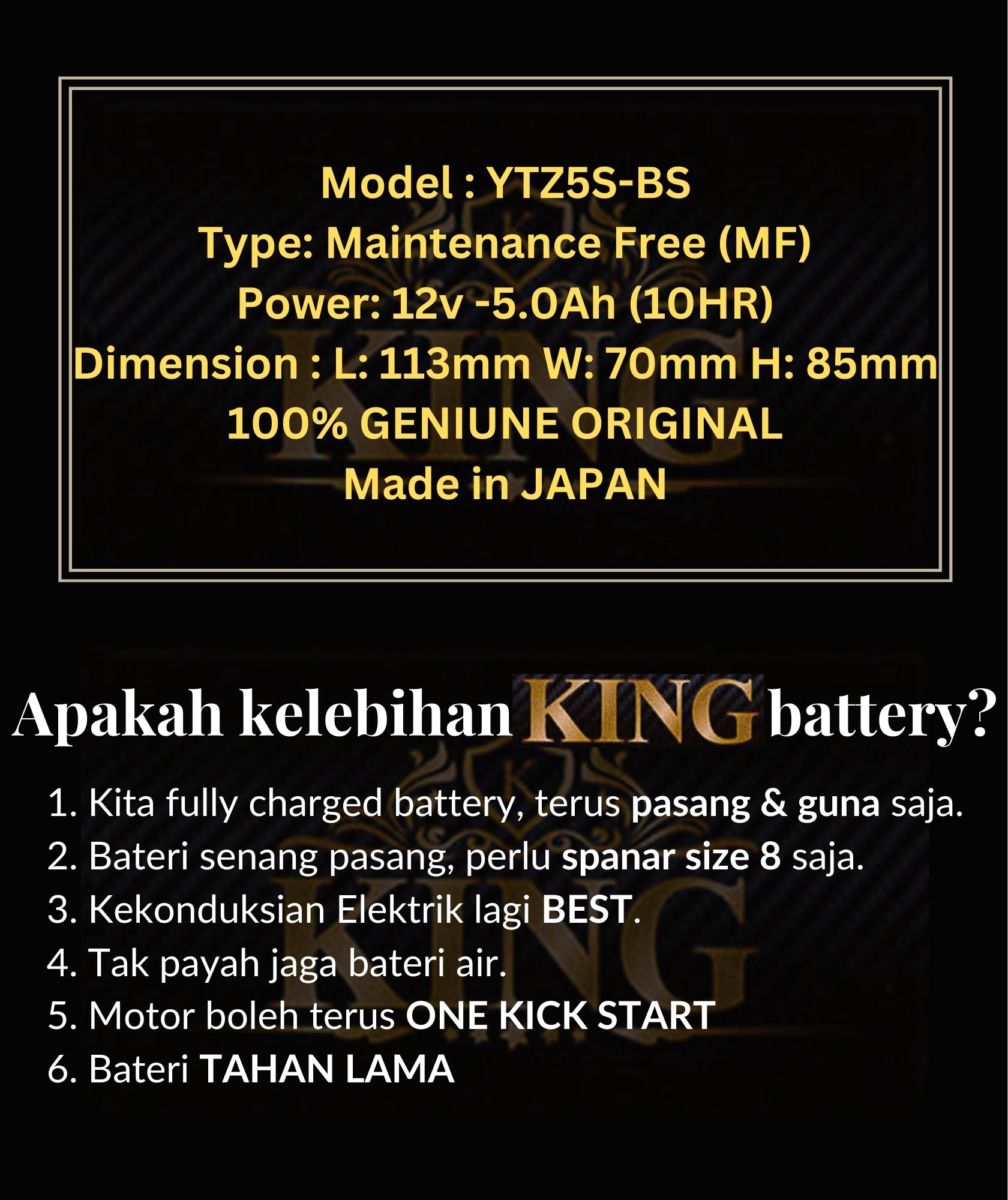 [WARRANTY] MyKasih KING YTZ5S MF BATTERY MOTORSIKAL BATERI EX5 DREAM LC135 V2-V8 Y15ZR SRL115 ...