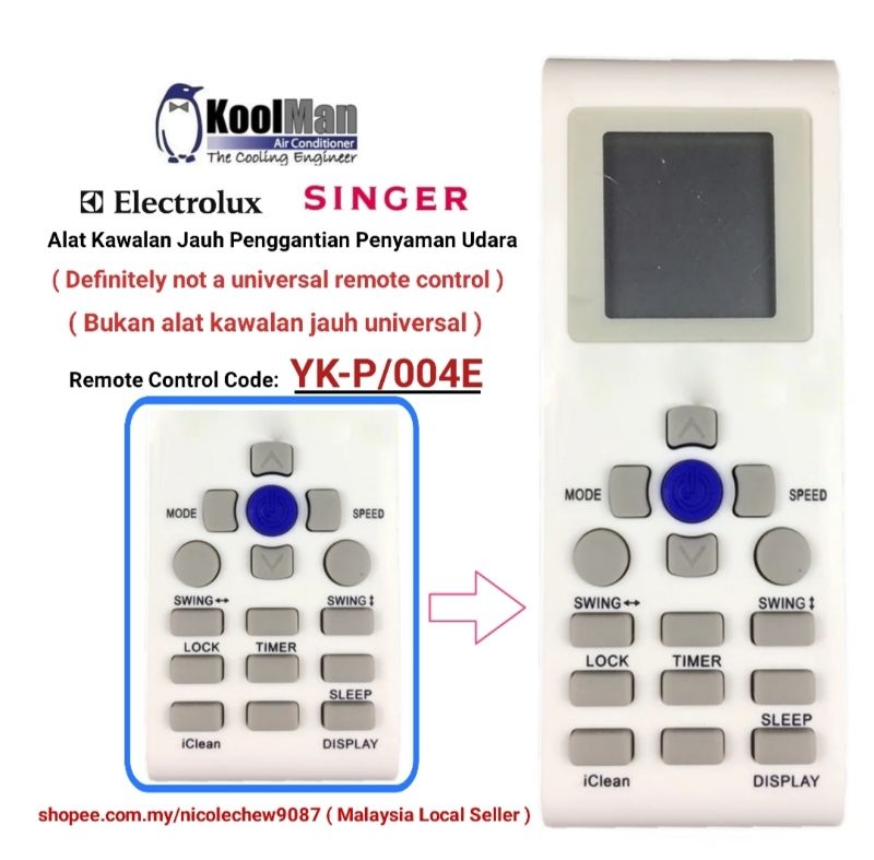 KoolMan/Singer/Electrolux Air Cond Air Conditioner Replacement Remote ...