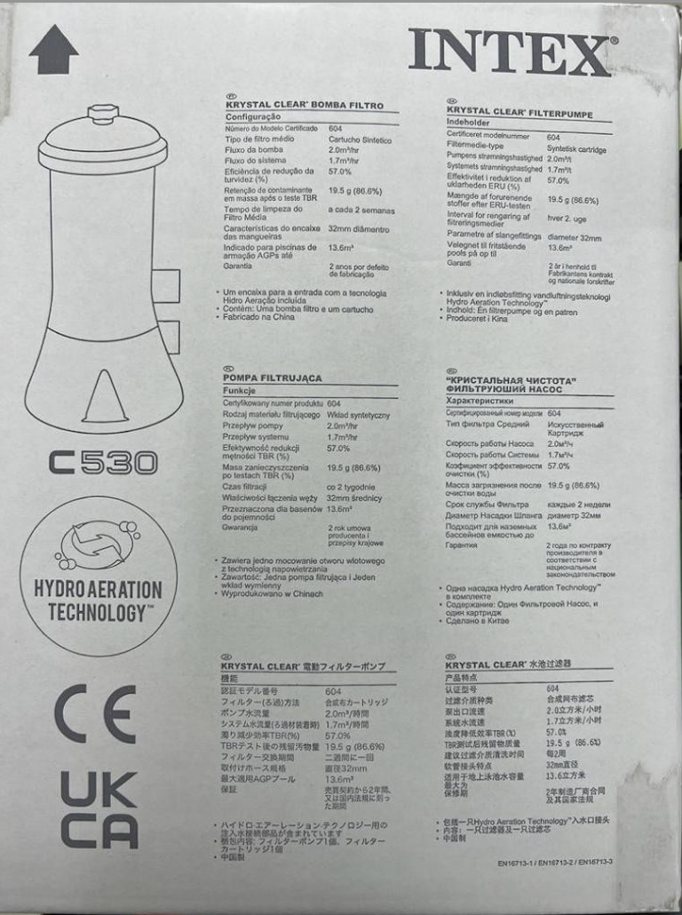 INTEX 28604 Krystal Clear Filter Pump 2.0m³/hr Hydro Aeration ...
