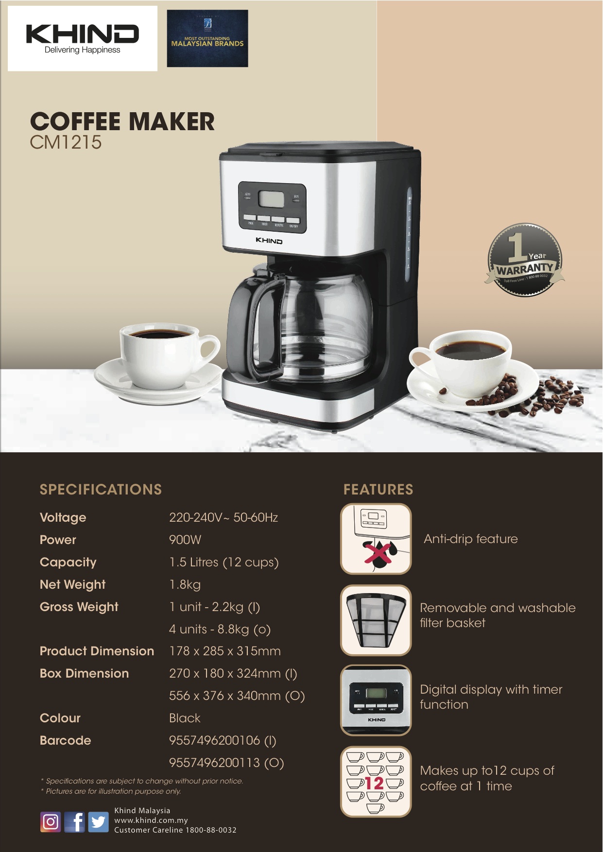 Khind CM1215 1.5L Coffee Maker - Digital Espresso Machine, Easy Brew ...
