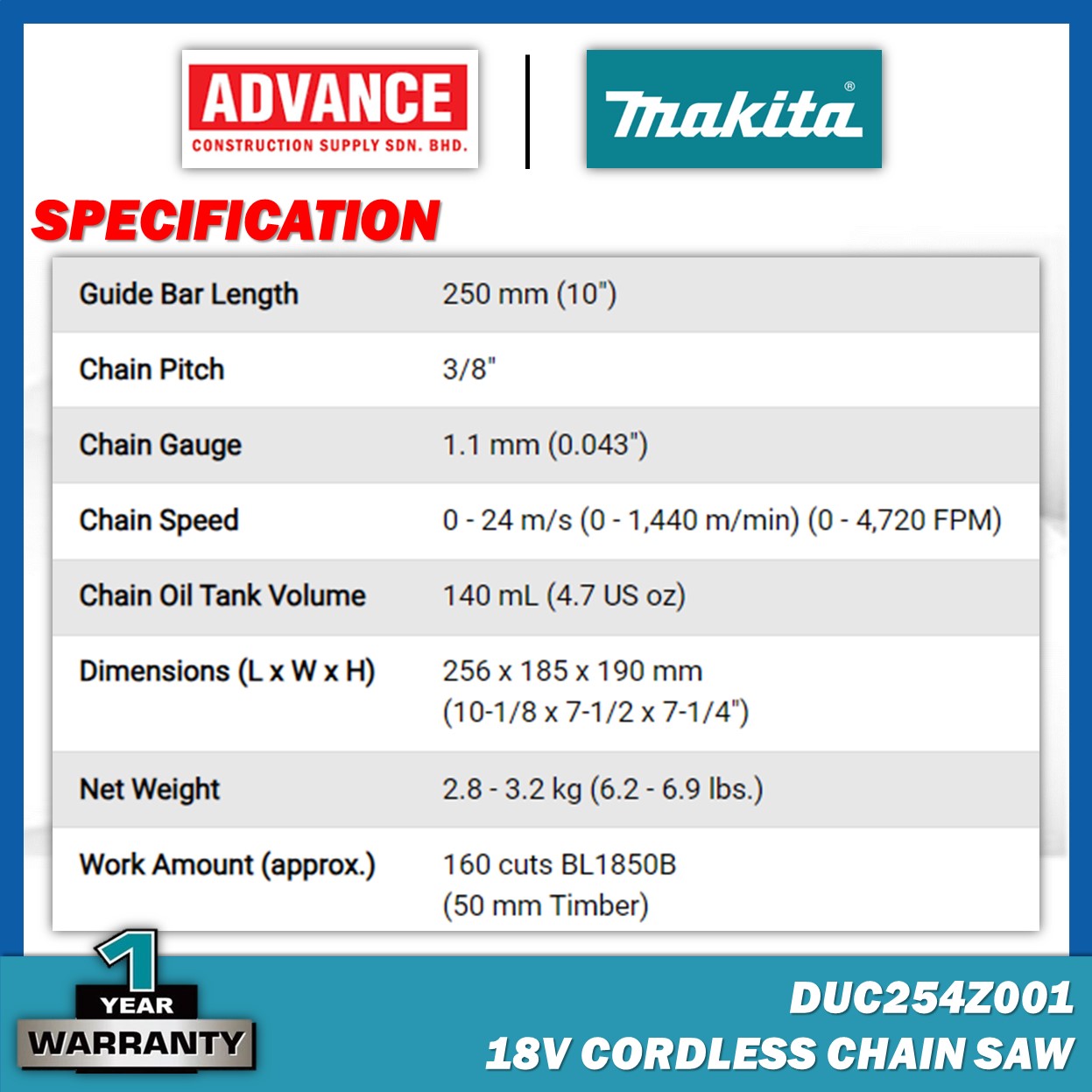 MAKITA DUC254Z / DUC254Z001 18V Cordless Chain Saw 250MM (10") | Shopee Malaysia