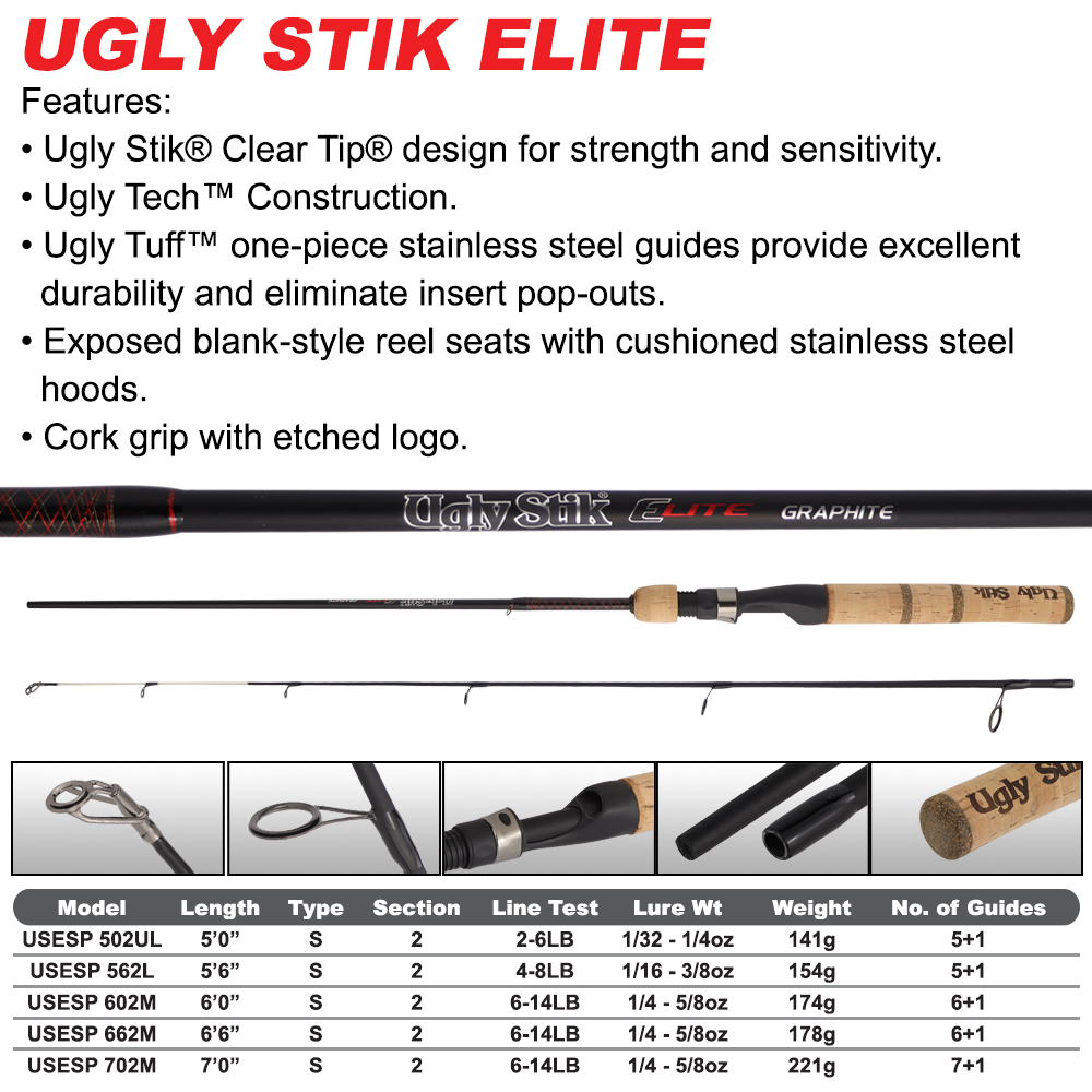 (5'0ft-7'0ft) Shakespeare Ugly Stik Elite Graphite Spinning Fishing Rod ...
