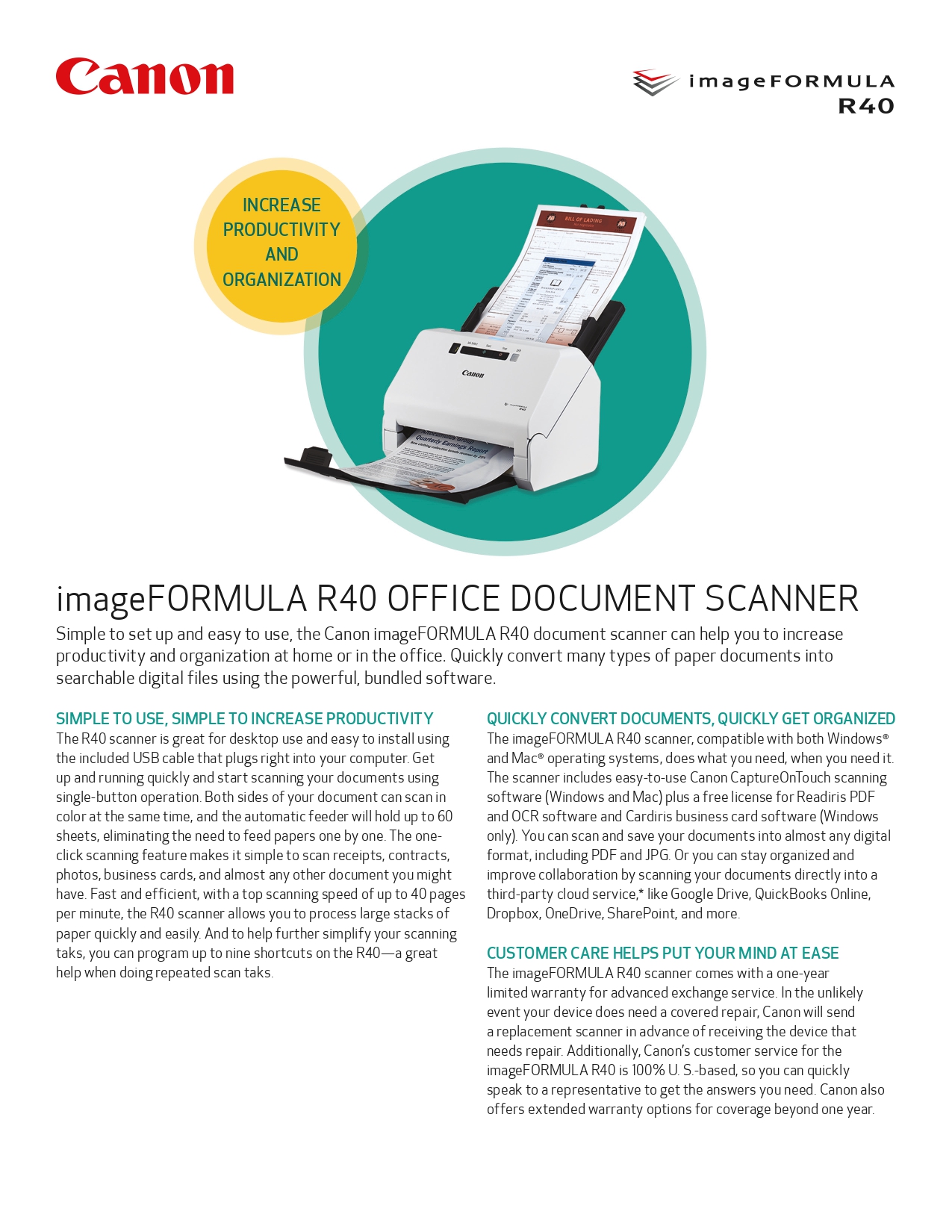 Canon Desktop Sheet-Fed Scanner imageFORMULA R40 | Simplex & Duplex ...