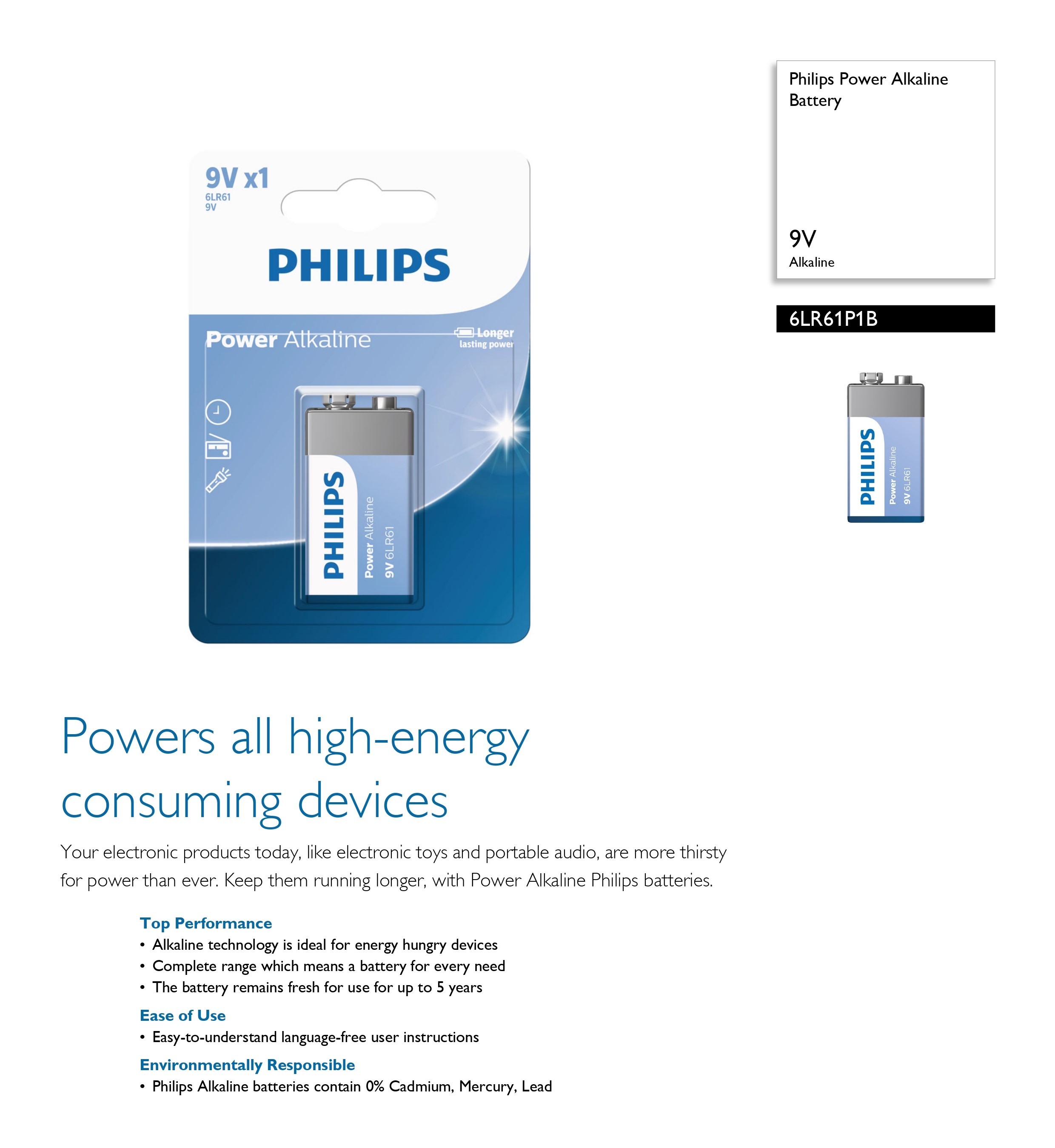 PHILIPS 6LR61 Alkaline Battery with 9V & 5 Years Shelf Life for Clock ...