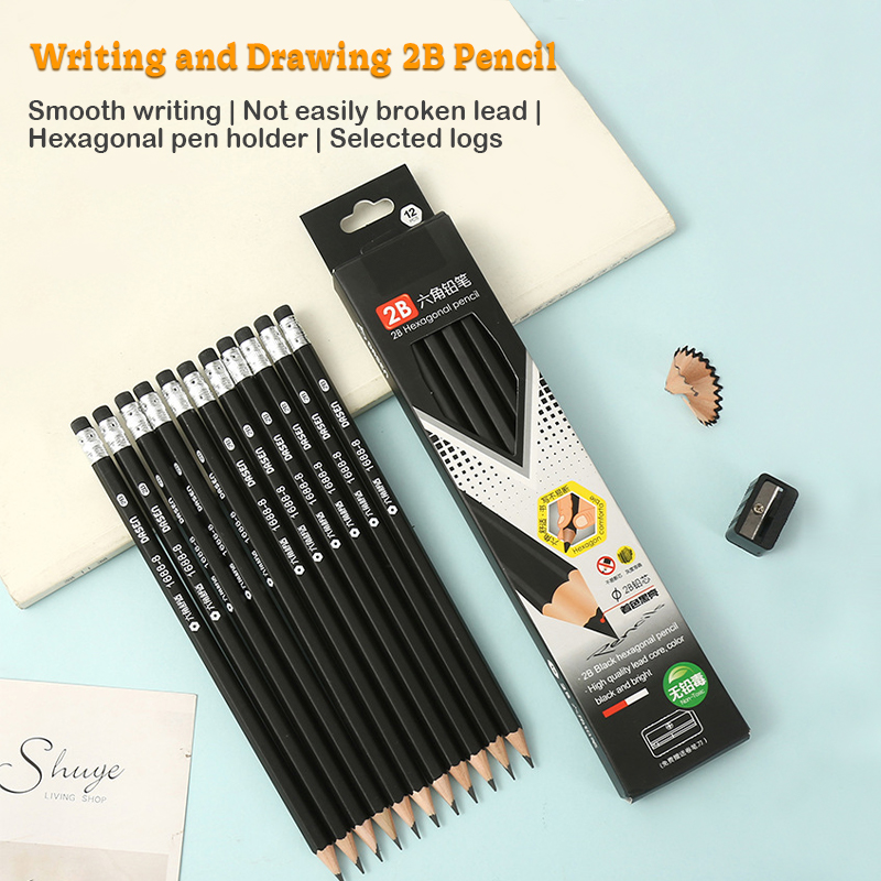 Graphite 2B Pencil (Box of 12 Pcs) +Free Sharpener Pensel Menulis Black ...