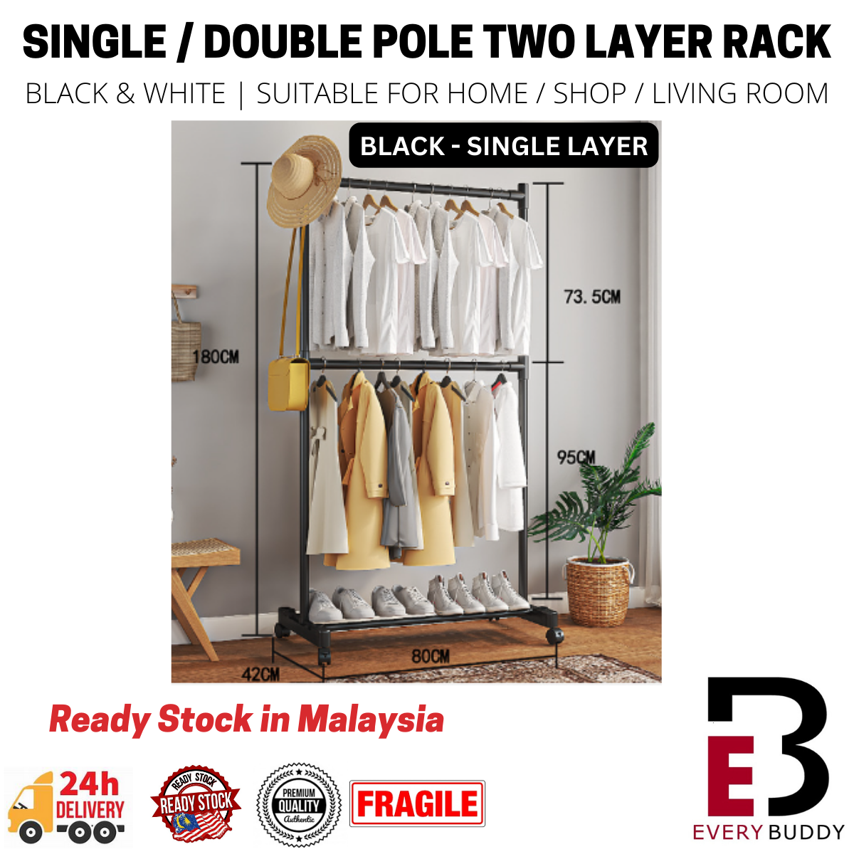 EB Mall Single / Double Pole Clothes Hanging Rack with wheels Cloth ...