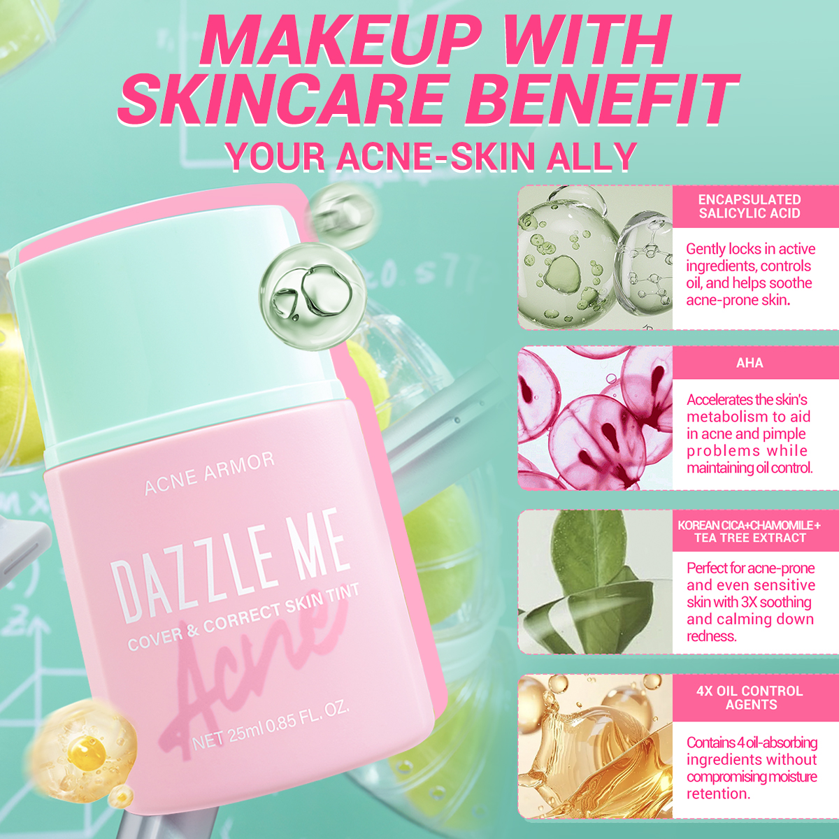 DAZZLE ME Acne Armor Cover & Correct Skin Tint SPF 35 PA++ Foundation ...