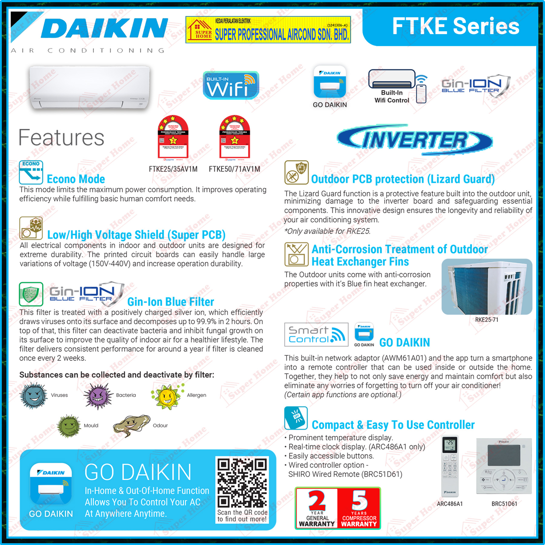 Daikin R32 Inverter Air Conditioner FTKE Series (WiFi) 1.0hp - 2.5hp Wall Mounted Inverter ...