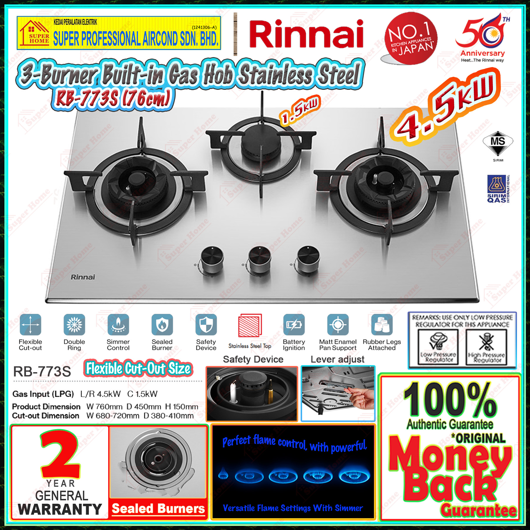 Rinnai Gas Hob RB-773S 3-Burner Flexi Hob Built-in Gas Hob 76cm Stainless Steel Hob (4.5kW ...