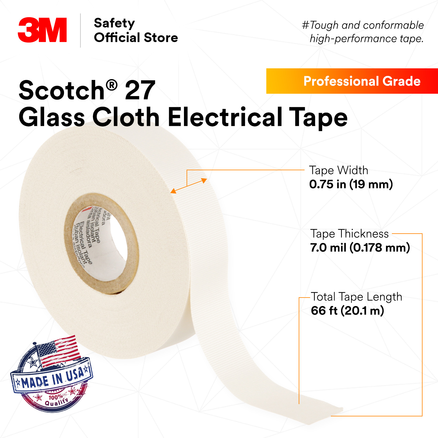 3M™ Glass Cloth Electrical Tape 27/ Electrical Maintenance [1 roll, size: 3/4 in x 66 ft]/ ET ...