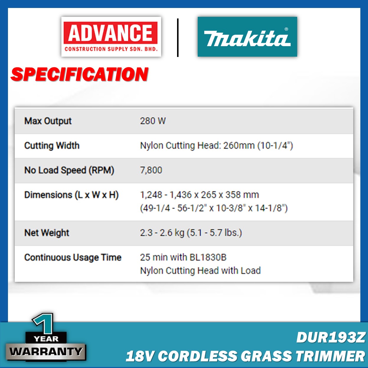 MAKITA DUR193Z / DUR193RF 18V Cordless Grass Trimmer ( Nylon Cutting ...