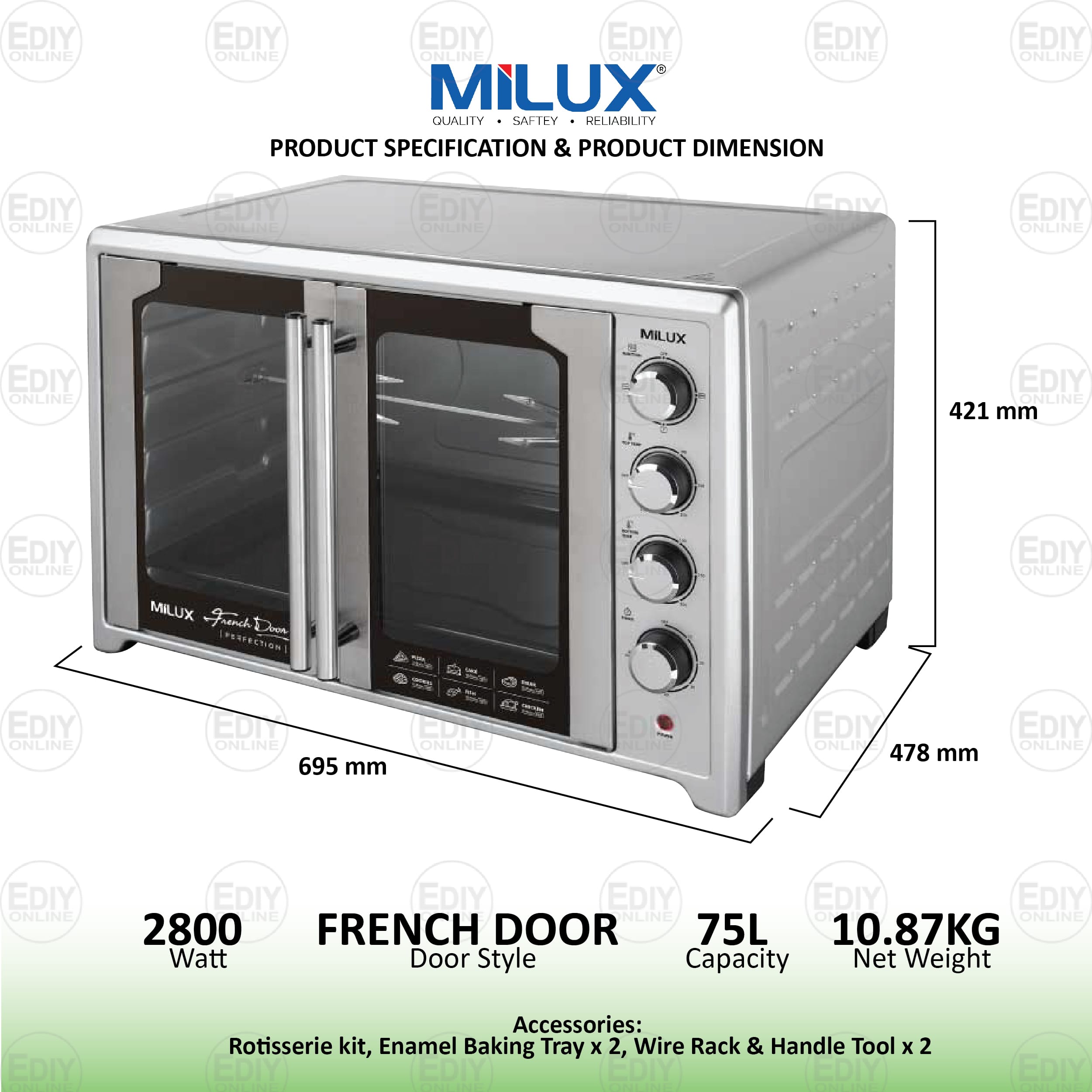 【NEW】MILUX MOT-75FD French Door 75 Litre Electric Oven With Rotisserie ...