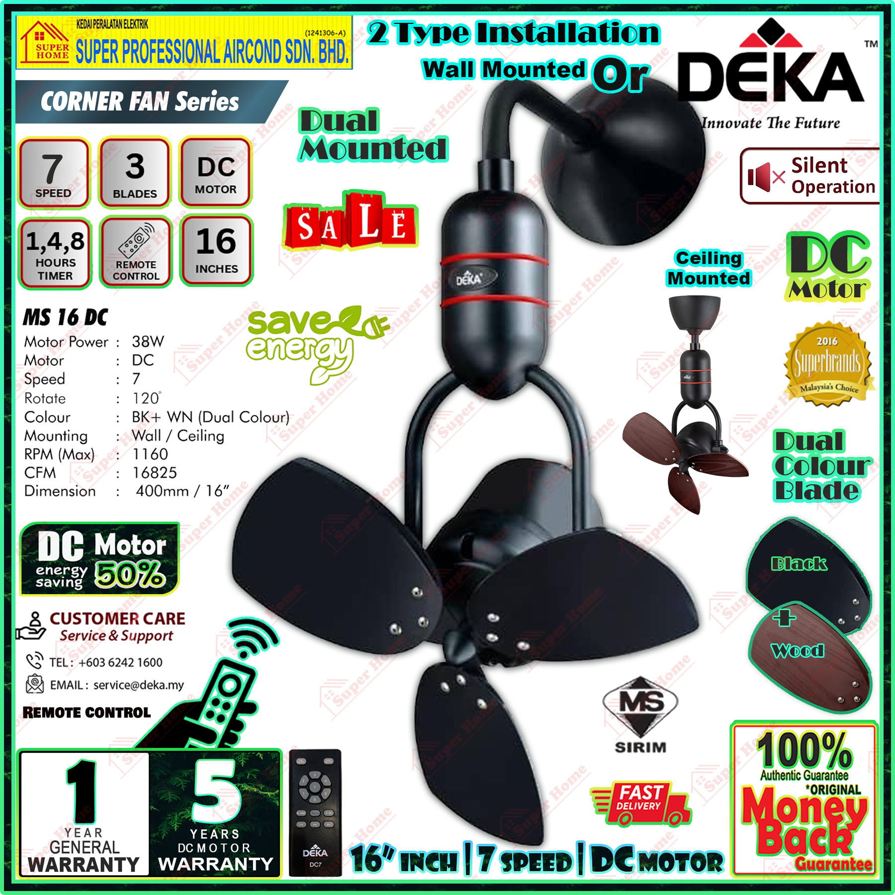 Deka Wall Fan MS16DC Dual Mounting Wall & Ceiling DC Motor Designer Fan ...