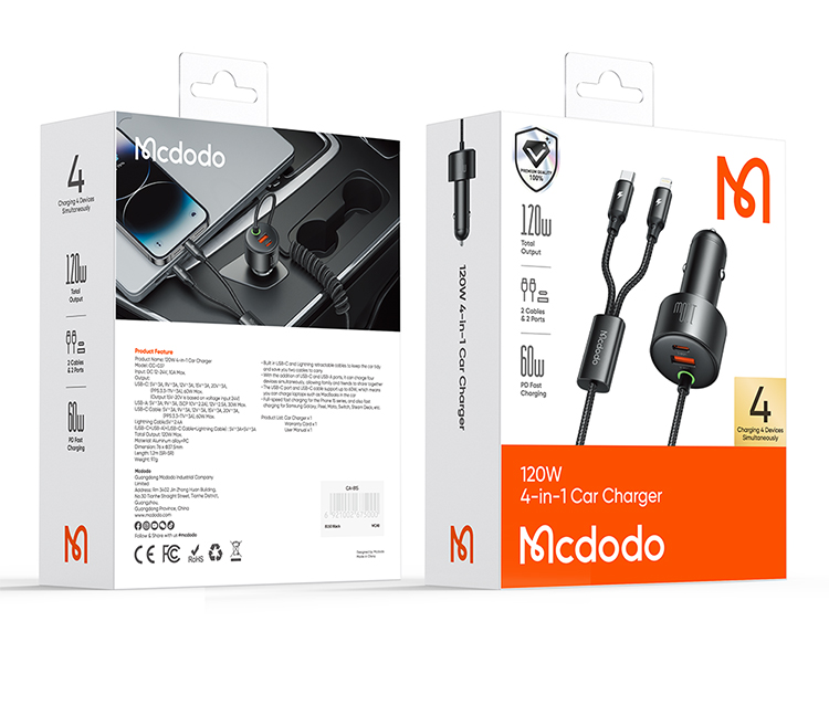 【1Yr Warranty】 MCDODO CC 0370 120W 1C + 1A Car Charger with USB C and Epal Retractable Cable ...