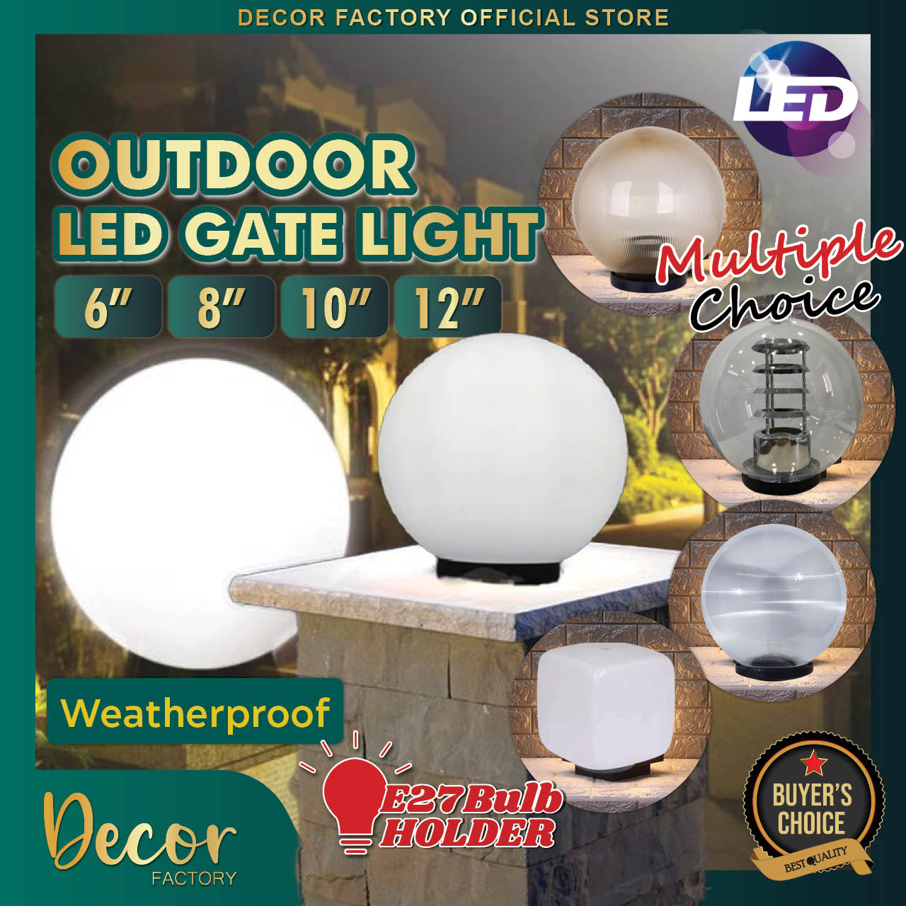 Outdoor Gate Light Globe Light OPAL Weather Proof E27 Holder Outdoor ...
