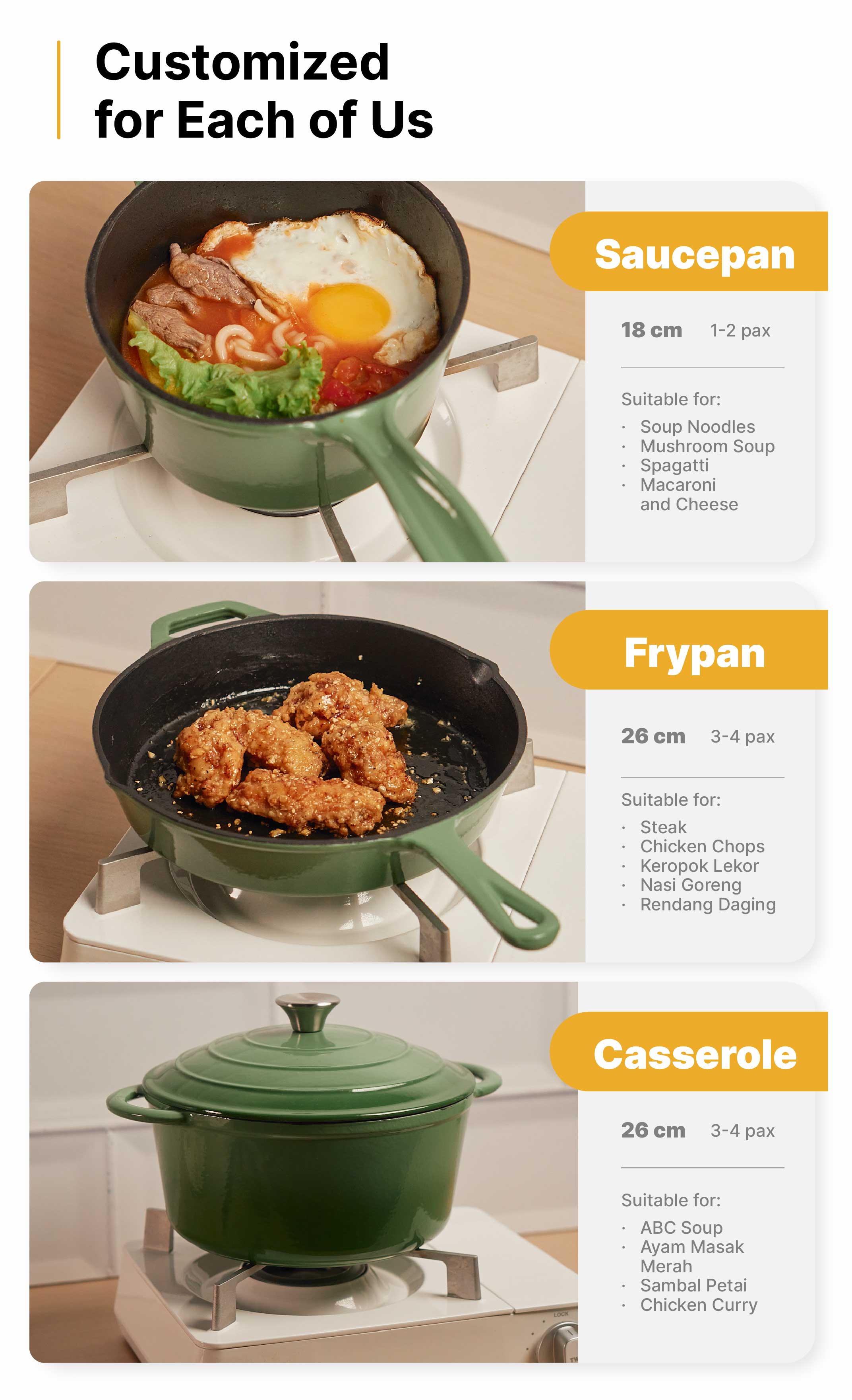 iGOZO Greeny Pure Cast Iron Cookware (18cm Saucepan/26cm Casserole Pot ...