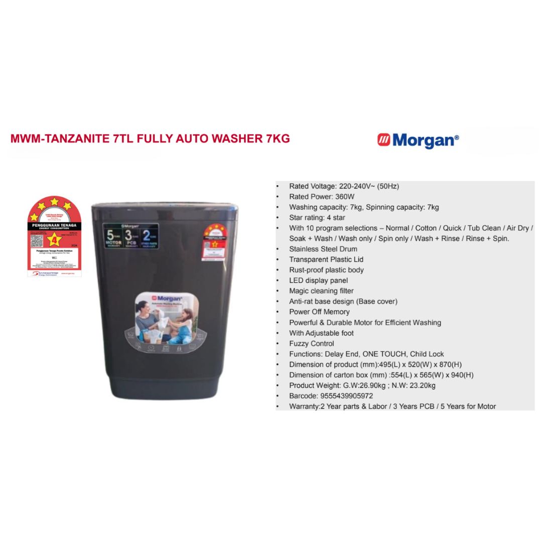 Morgan 7KG Fully Auto Washing Machine with Stainless Steel Drum MWM ...