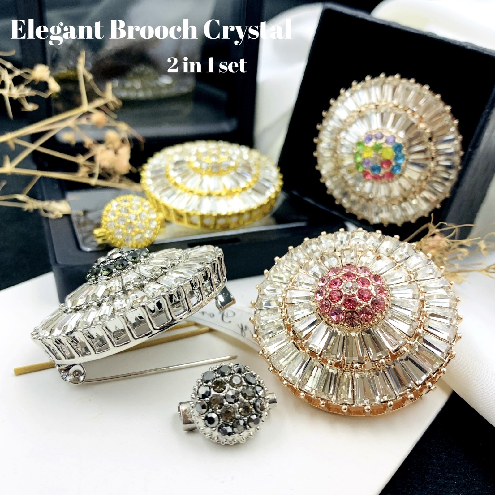 Elegant Brooch 2 in 1 Set [FREE BOX] European Crystal Kerongsang ...