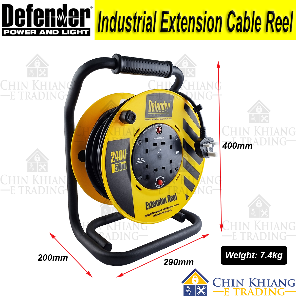Defender 50M 4-Way Industrial Extension Wire Cable Reel 240V 13A E86582 ...