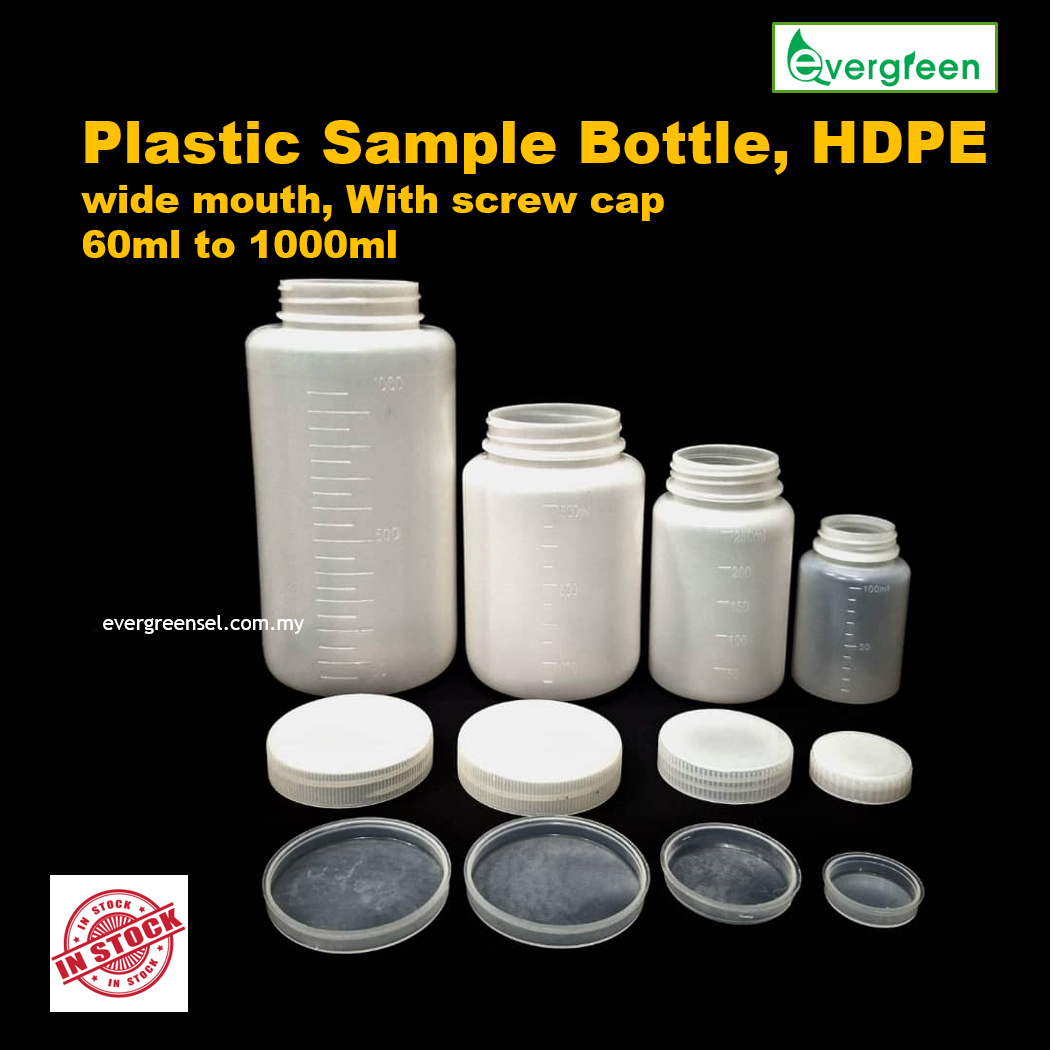 Plastic sample bottle with screw cap HDPE, wide neck, 60ml/100ml/250ml/500ml/1000ml, 10's/ Pack ...