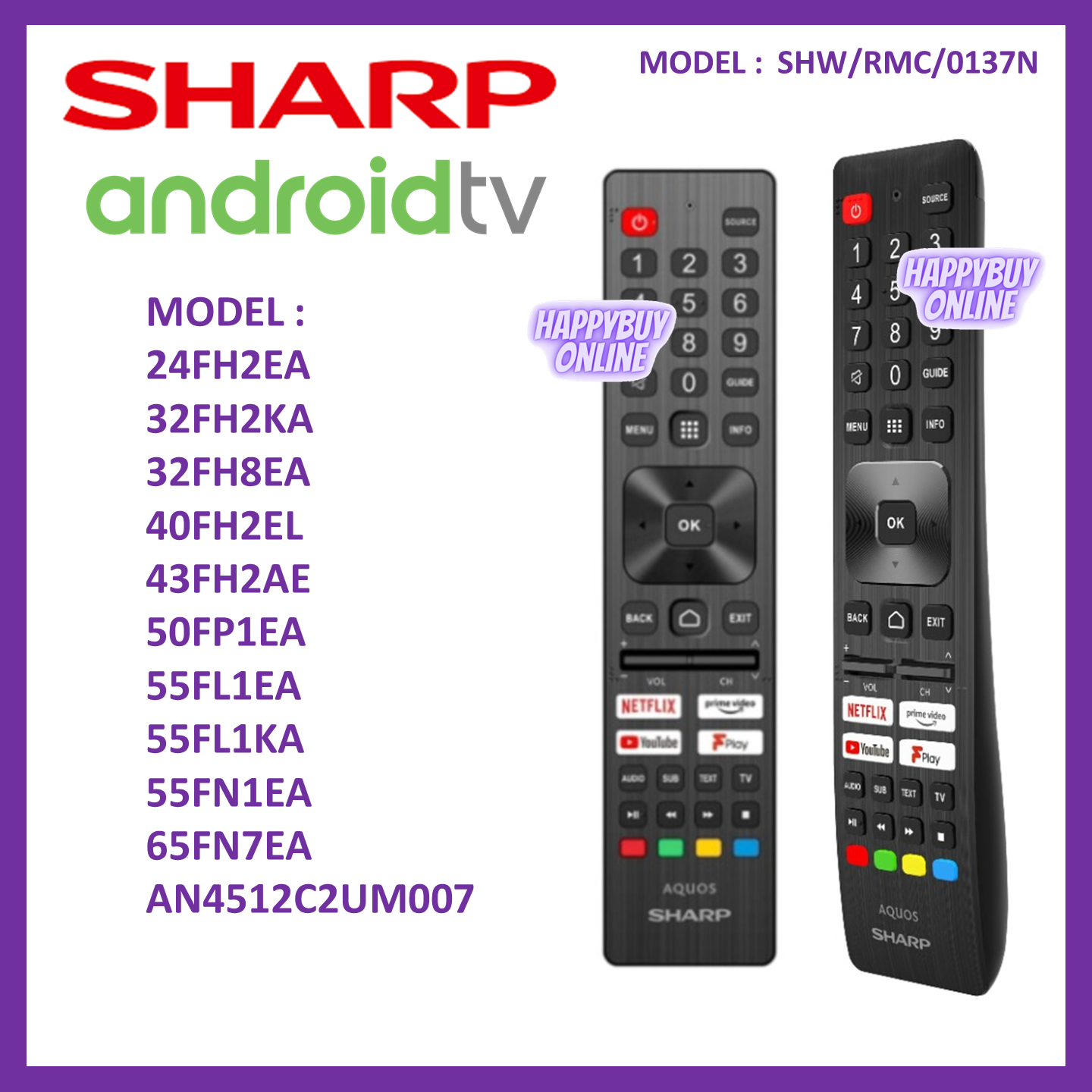 Compatible for Sharp 4K UHD Android Smart TV Remote Control SHW/RMC ...