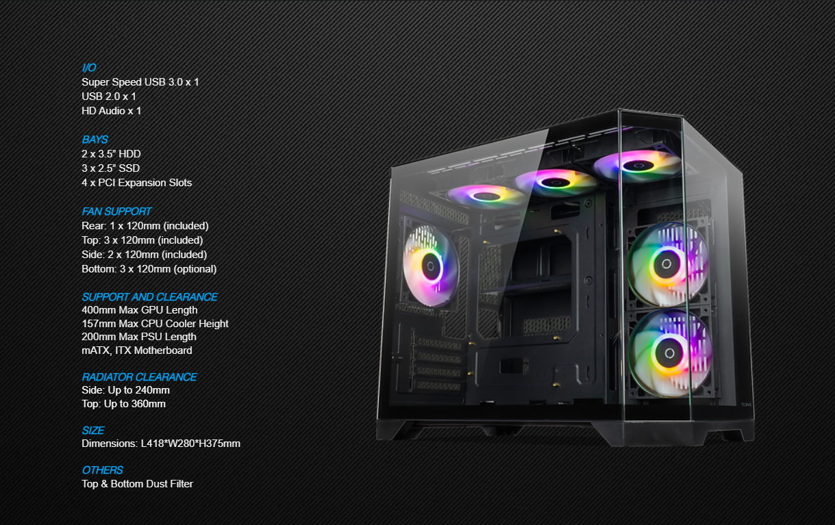 TECWARE VX TRINITY M TRIPLE TEMPERED GLASS M-ATX CASE WITH PRE-INSTALL ...