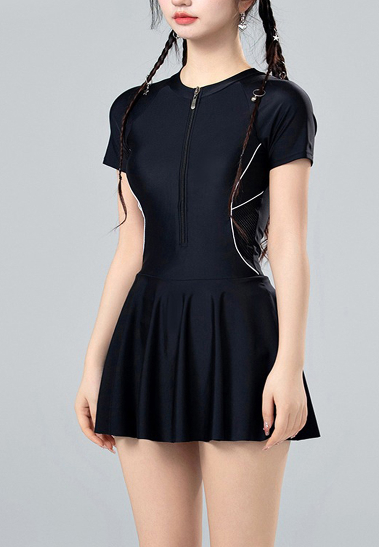 Short Sleeve Zip-front Swimdress (With Panelling) | Shopee Malaysia