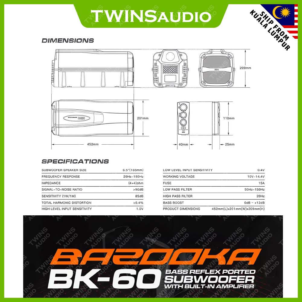 MBQ BK-60 Bazooka Car Audio Active Subwoofer Aluminum Bass Tube Sub ...