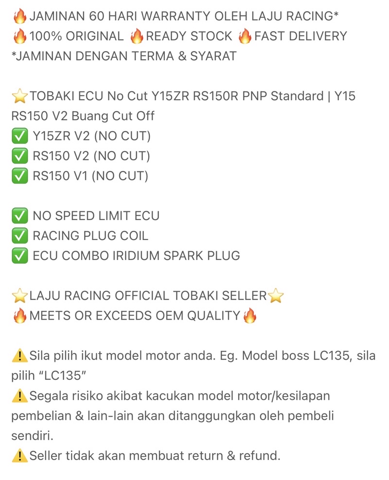 TOBAKI ECU No Cut Y15ZR RS150R PNP Standard | Y15 RS150 V2 Buang Cut ...