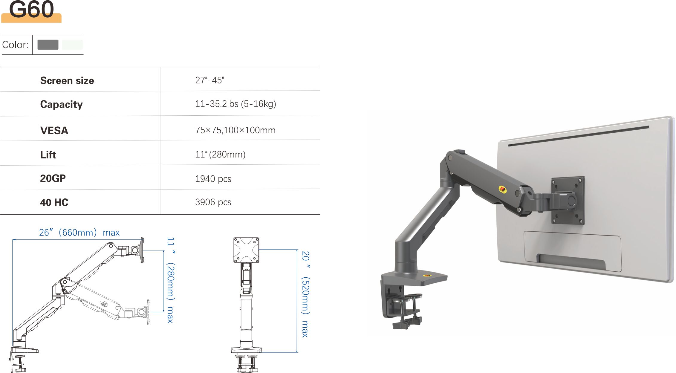 NB North Bayou G60 Heavy Duty Monitor Arm Desk Mount, Full Motion ...