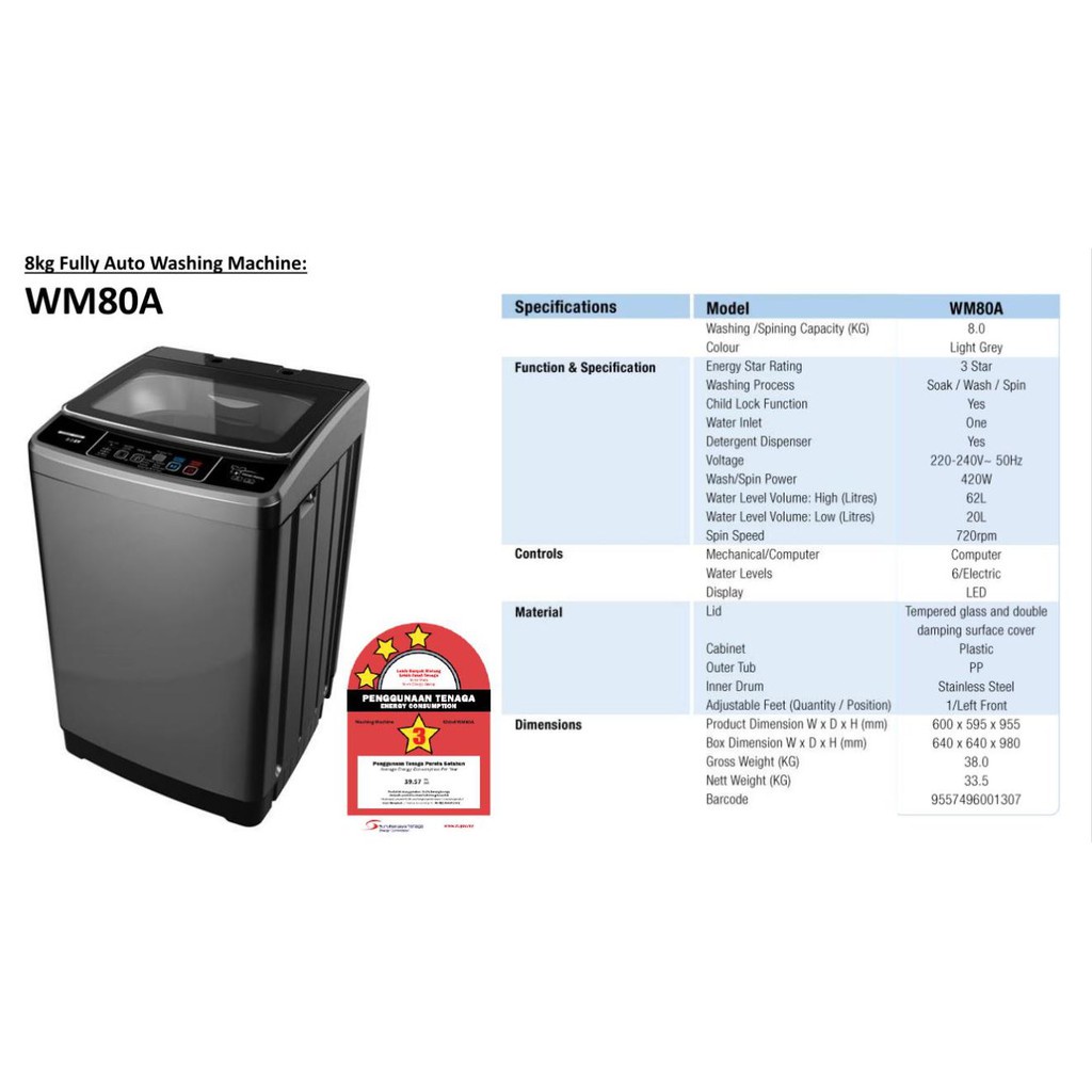 [Combo] Khind Single Door Refrigerator (157L) RF165 + 8KG Fully Auto ...