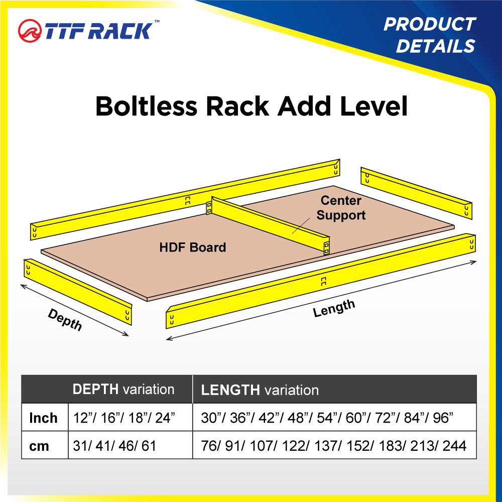 TTF Rack™ BOLTLESS RACK ADD LEVEL D31-61cm L76-244cm 400kg Yellow Blue ...