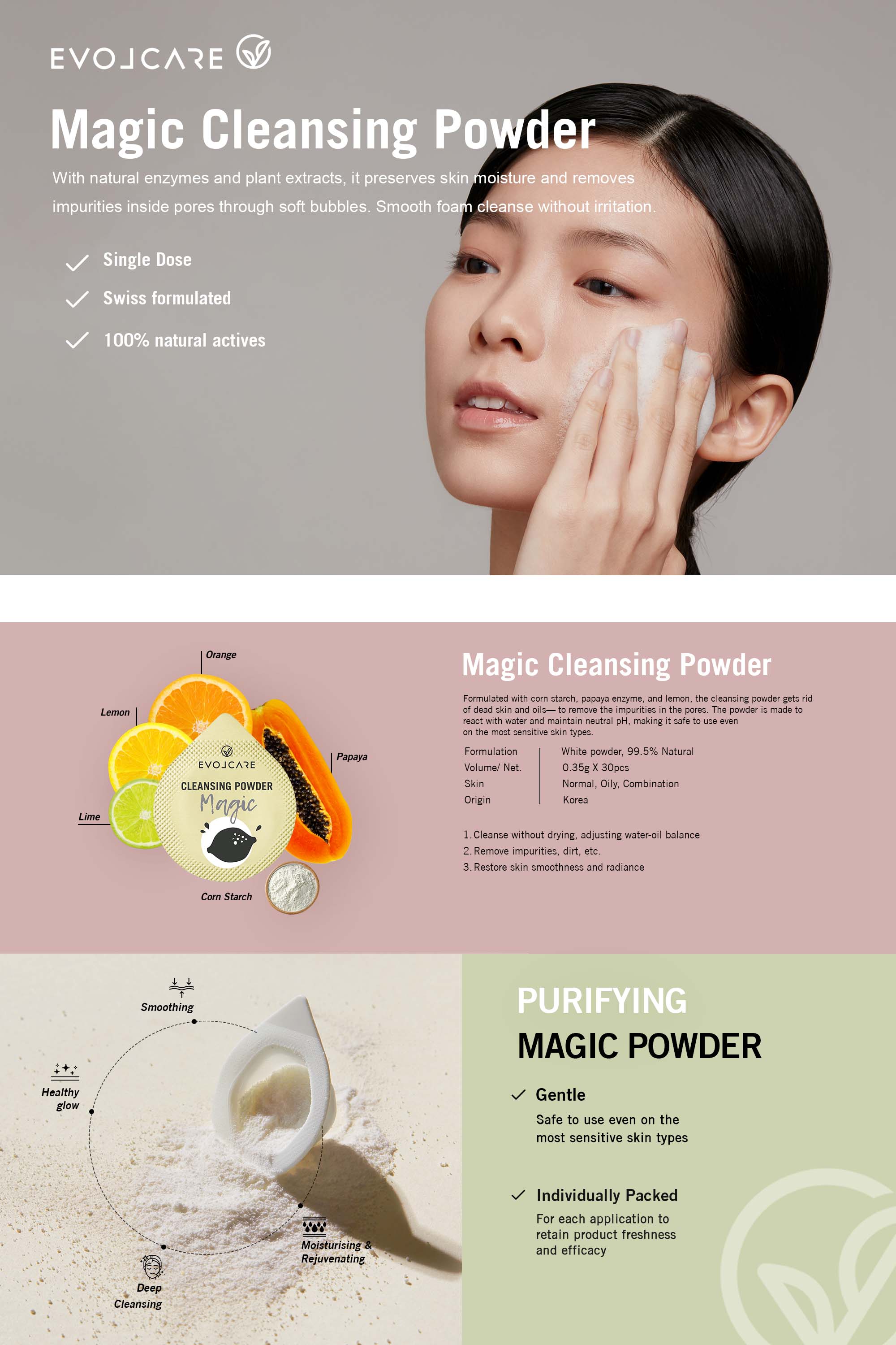 EVOLCARE Magic Cleansing Powder 30PCS Facial Cleanser Remove Impurities ...