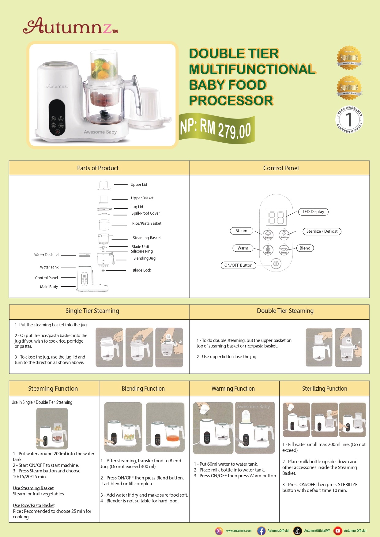 Autumnz 2 in 1 Baby Food Processor / Double Tier 8 in 1 Multifunctional ...
