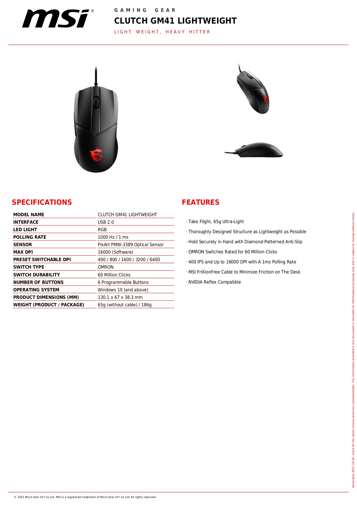 MSI Clutch GM41 LightWeight | 16000 DPI RGB Gaming Mouse | 6 ...