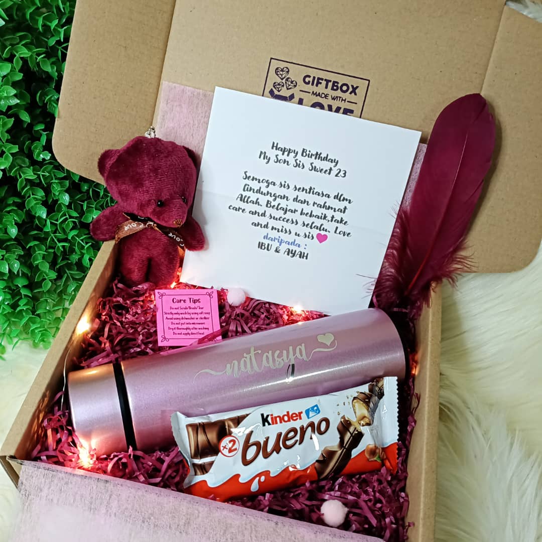 CUSTOMIZE NAME SURPRISE GIFT BOX FLASK + MINI TEDDY + KINDER BUENO ...
