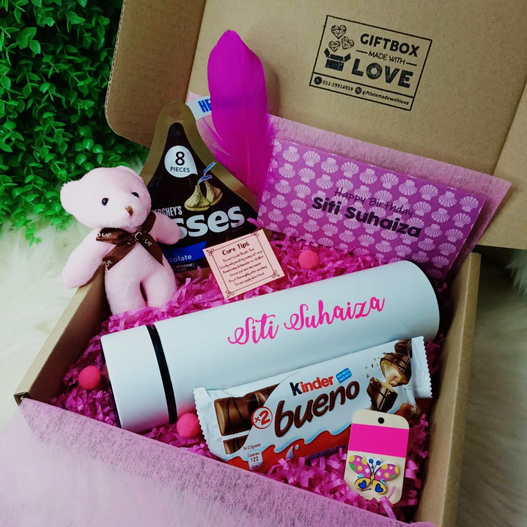 CUSTOMIZE NAME SURPRISE GIFT BOX FLASK + MINI TEDDY + KINDER BUENO ...