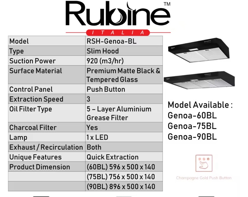 [Free Shipping]Rubine Slim Hood Genoa Series RSH-GENOA-60BL/75BL/90BL 920M3/HR Kitchen Hood ...