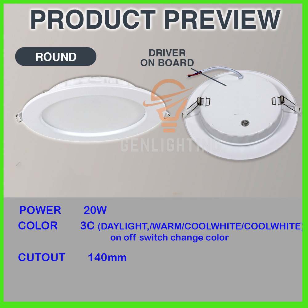 3 Colour LED Downlight Round 20W 6'' Recessed Downlight Panel on/off ...