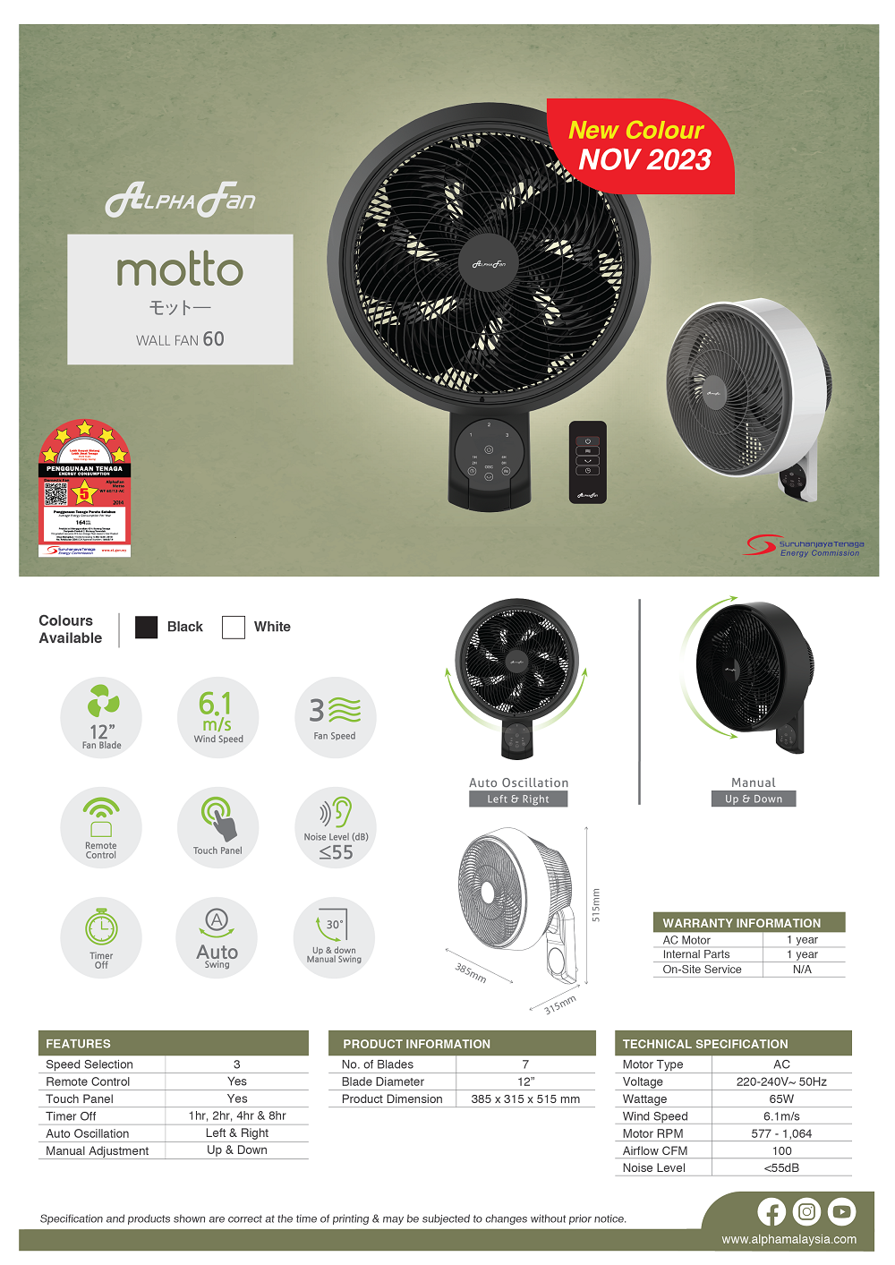 Alpha WF60 Motto Wall Fan 12'' 3 Speeds With Remote Control WF60/12 ...