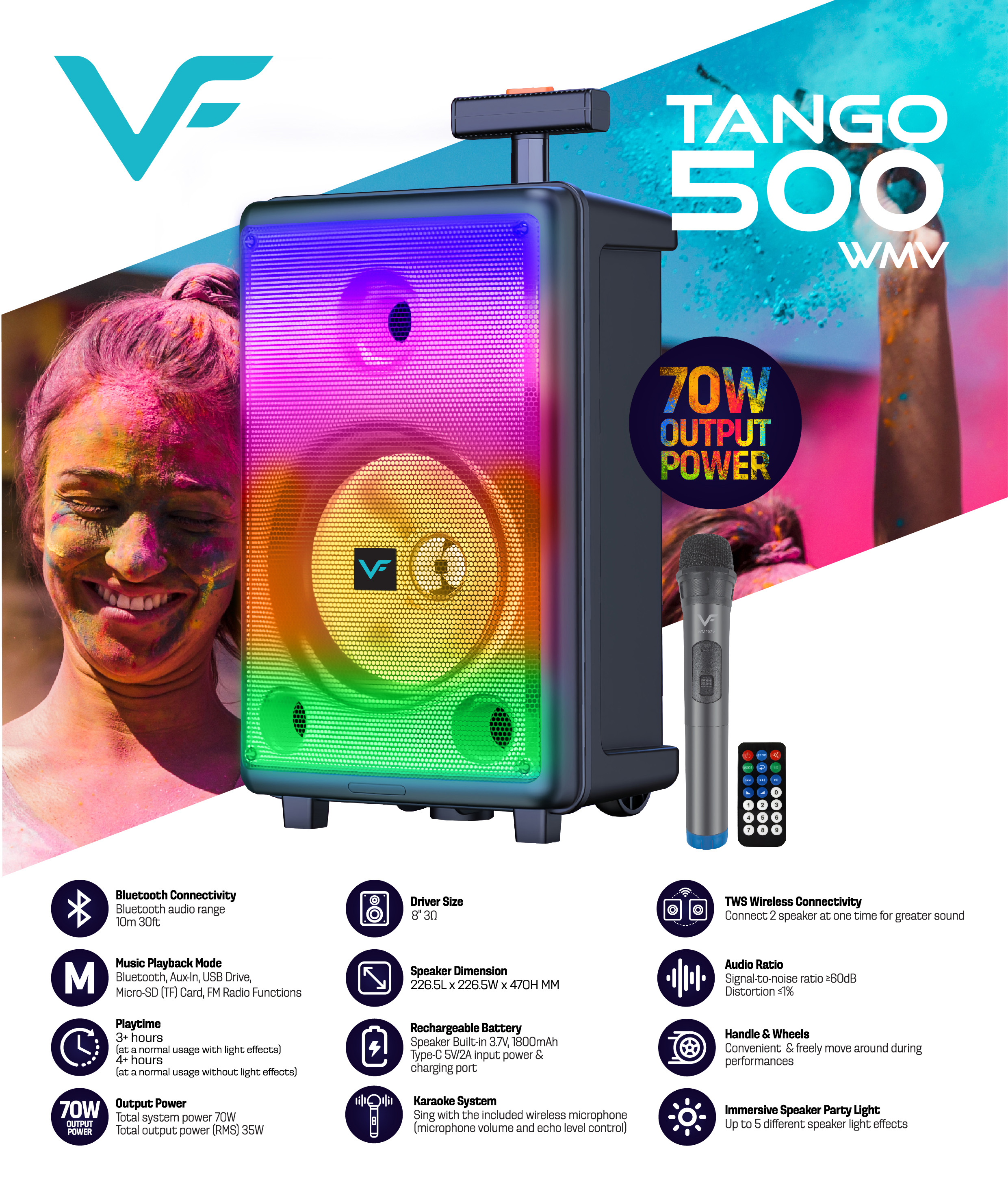 Vinnfier VF TANGO 500 WMV Portable Bluetooth Karaoke Speaker TWS USB ...
