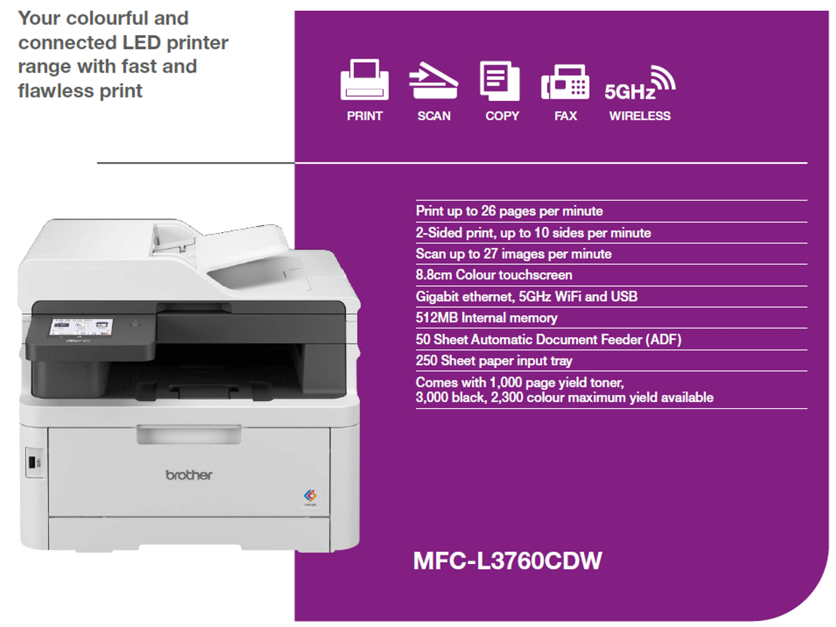 Brother Color LED Laserjet Printer A4 4in1 Wireless MFC-L3760CDW | ADF ...