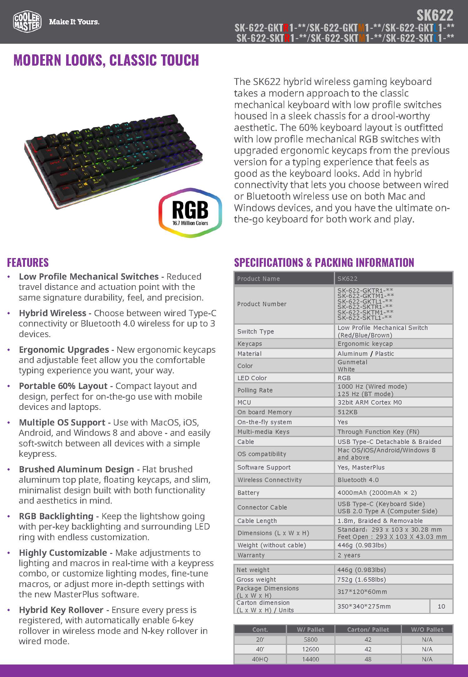 COOLER MASTER SK622 60% Compact Low Profile Bluetooth Wireless ...