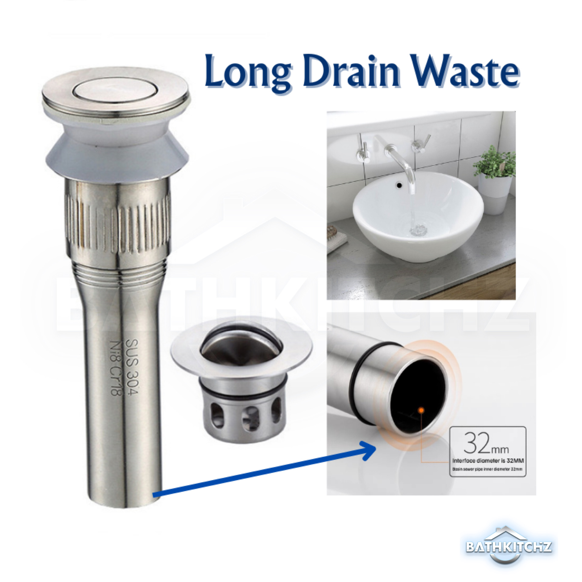 BATHKITCHZ SUS304 Bathroom Basin Drain Waste with Overflow Long Body ...