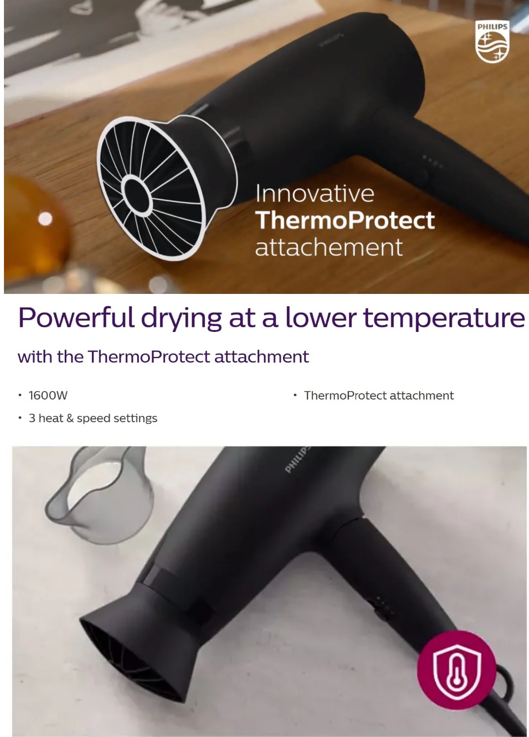 Philips 1600W Hair Dryer With Thermo Protect BHD308 | BHD308/13 ...