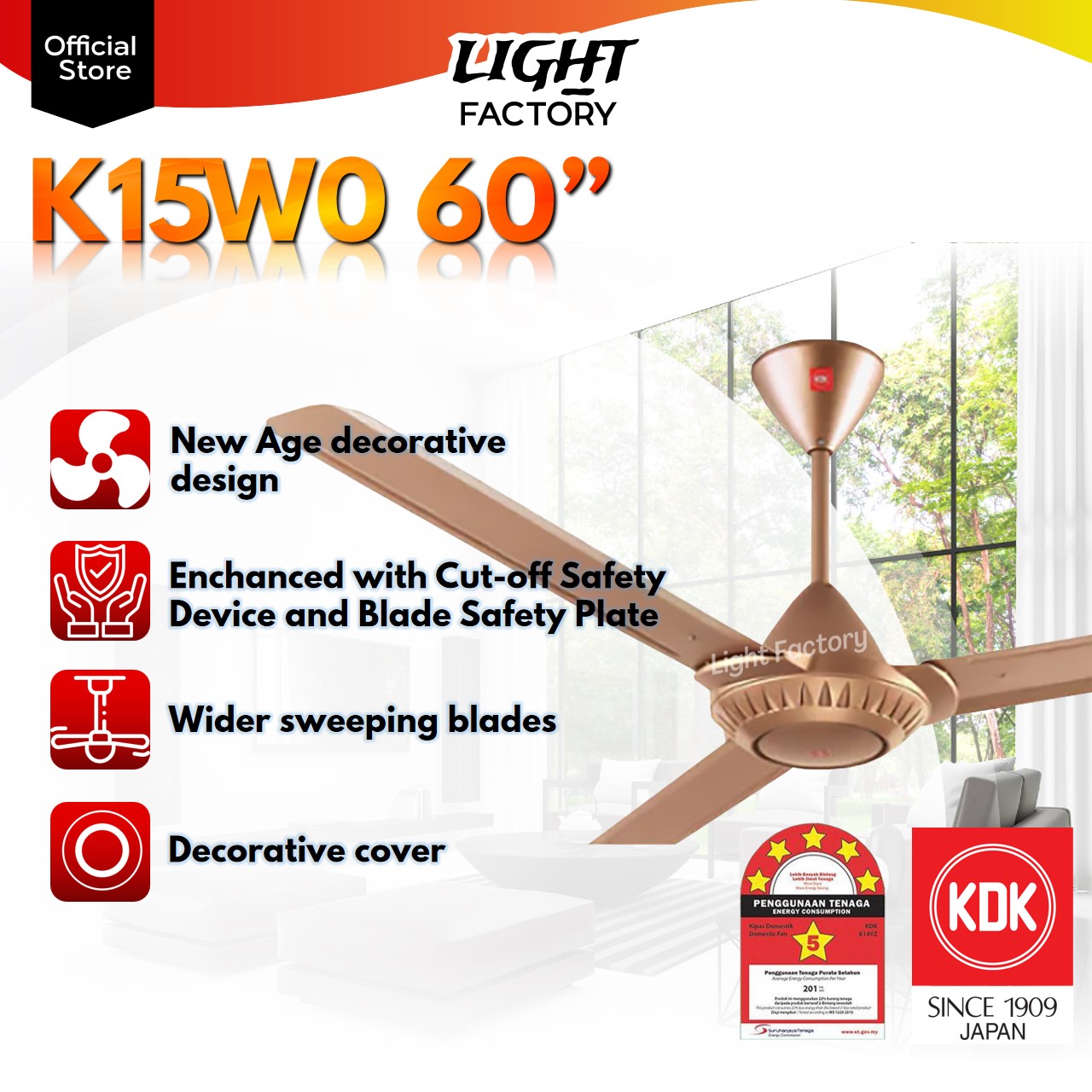 🔥HOT🔥 KDK K15W0 60" 3 Blades AC Motor Ceiling Fan with 5 Speeds Control ...