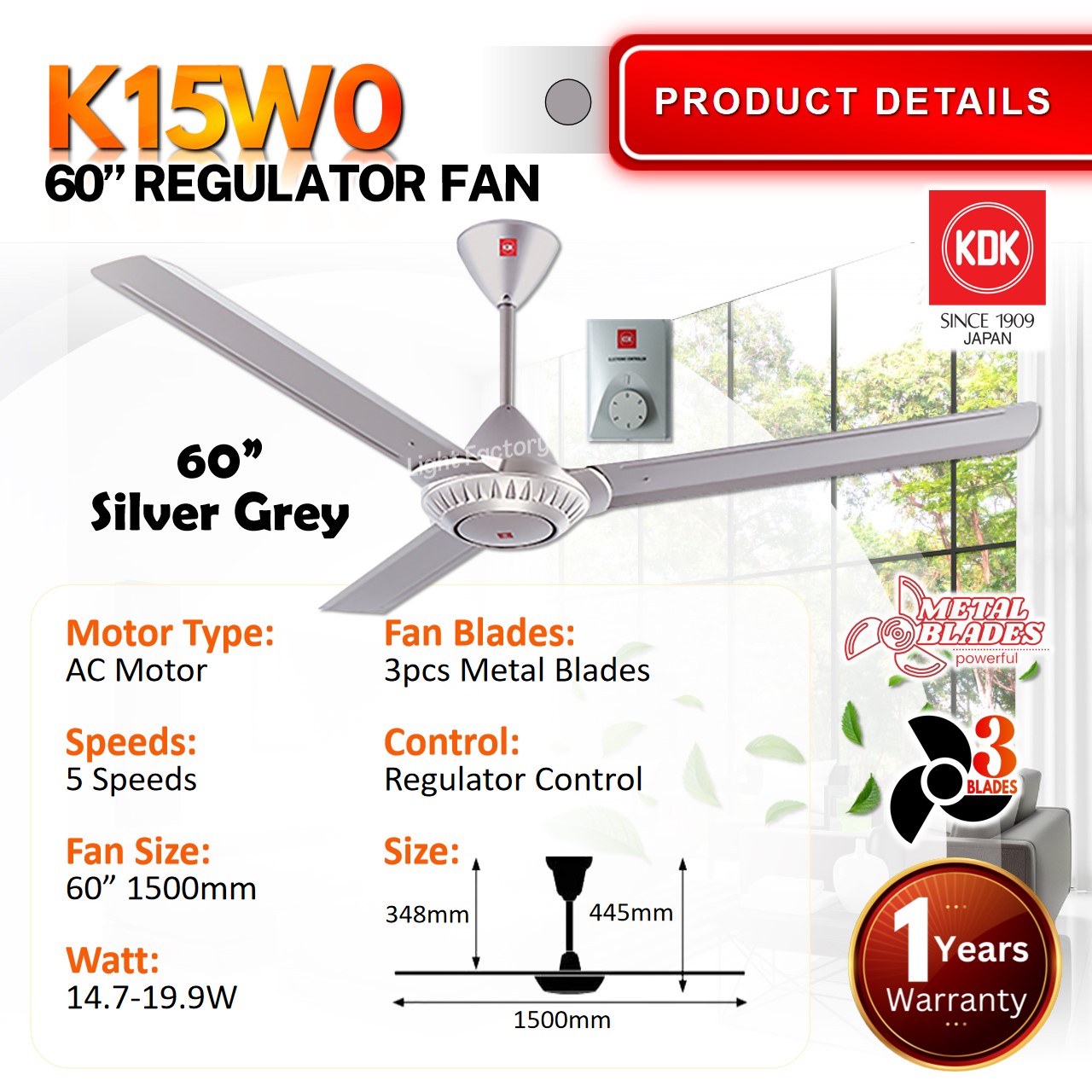 KDK K15W0 60" 3 Blades AC Motor Ceiling Fan with 5 Speeds Control K15W0-SL Regulator Type ...